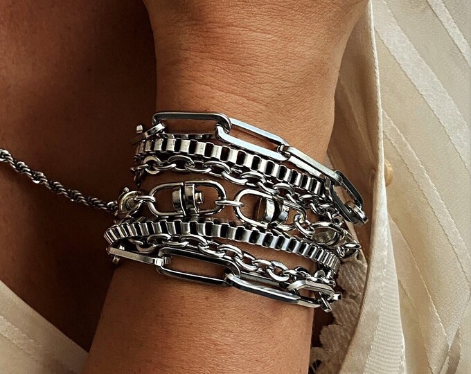 Silver Multi Chains Chunky Bracelet, Womens Multi Strand Statement ...