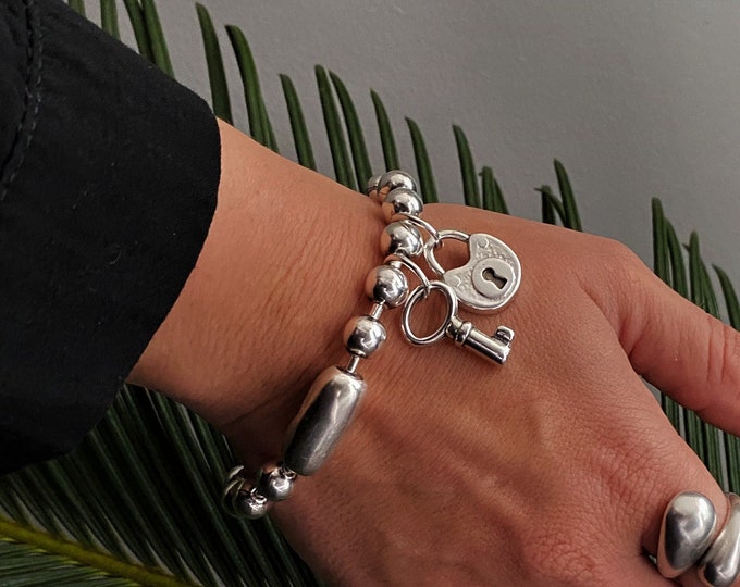 Womens Chunky Padlock and Key Ball Chain Bracelet, Silver Ball Chain ...