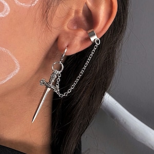 Silver Plated Sword Chain Drop Earring, Edgy Punk Rock Earring, Sharp ...