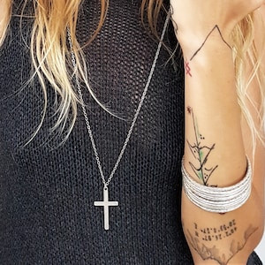 Large Silver Skinny Cross Necklace, Minimal Leather Rock Style Pendant ...