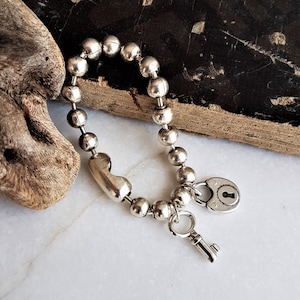 Womens Chunky Padlock and Key Ball Chain Bracelet, Silver Ball Chain ...