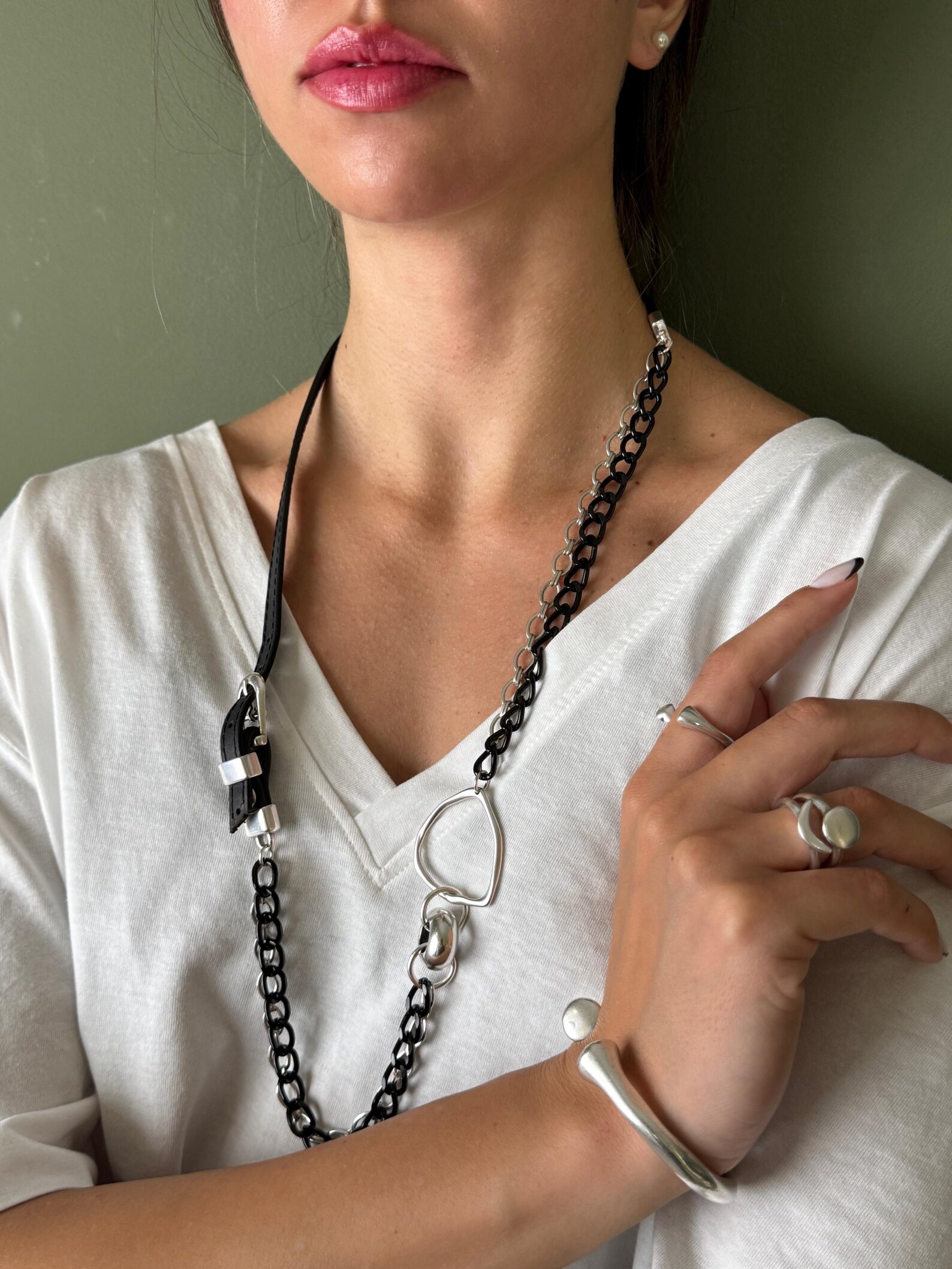 Multi Chains O Ring Long Leather Necklace, Bold Black Silver Statement ...