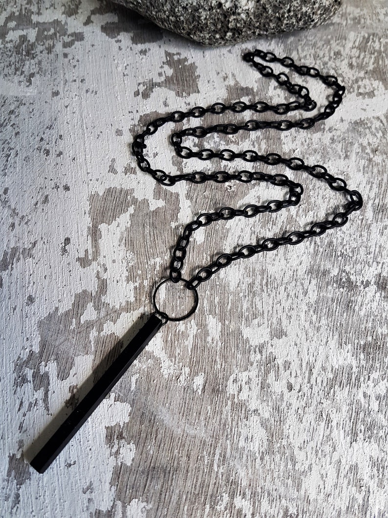 Womens matte black bar and chain necklace long black metal | Etsy