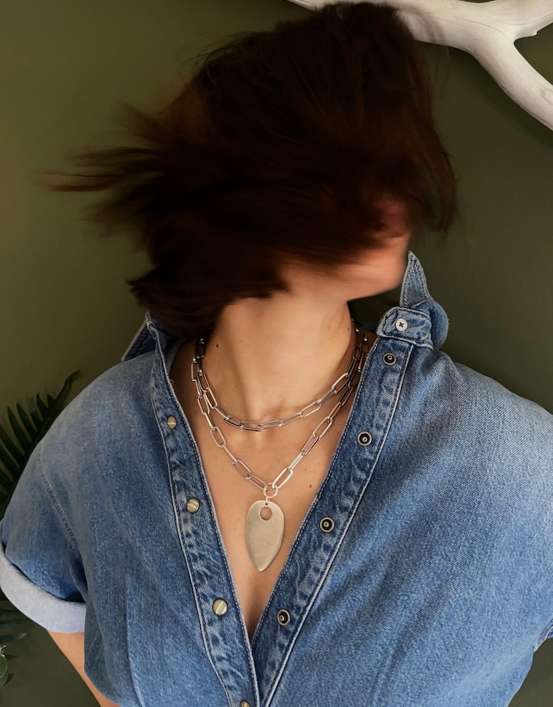 Oversized Paperclip Chain Sharp Pendant• Set of Two Silver Chunky ...