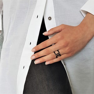 Double Black Adjustable Womens Ring, Matte Black Chevron Minimal Open ...