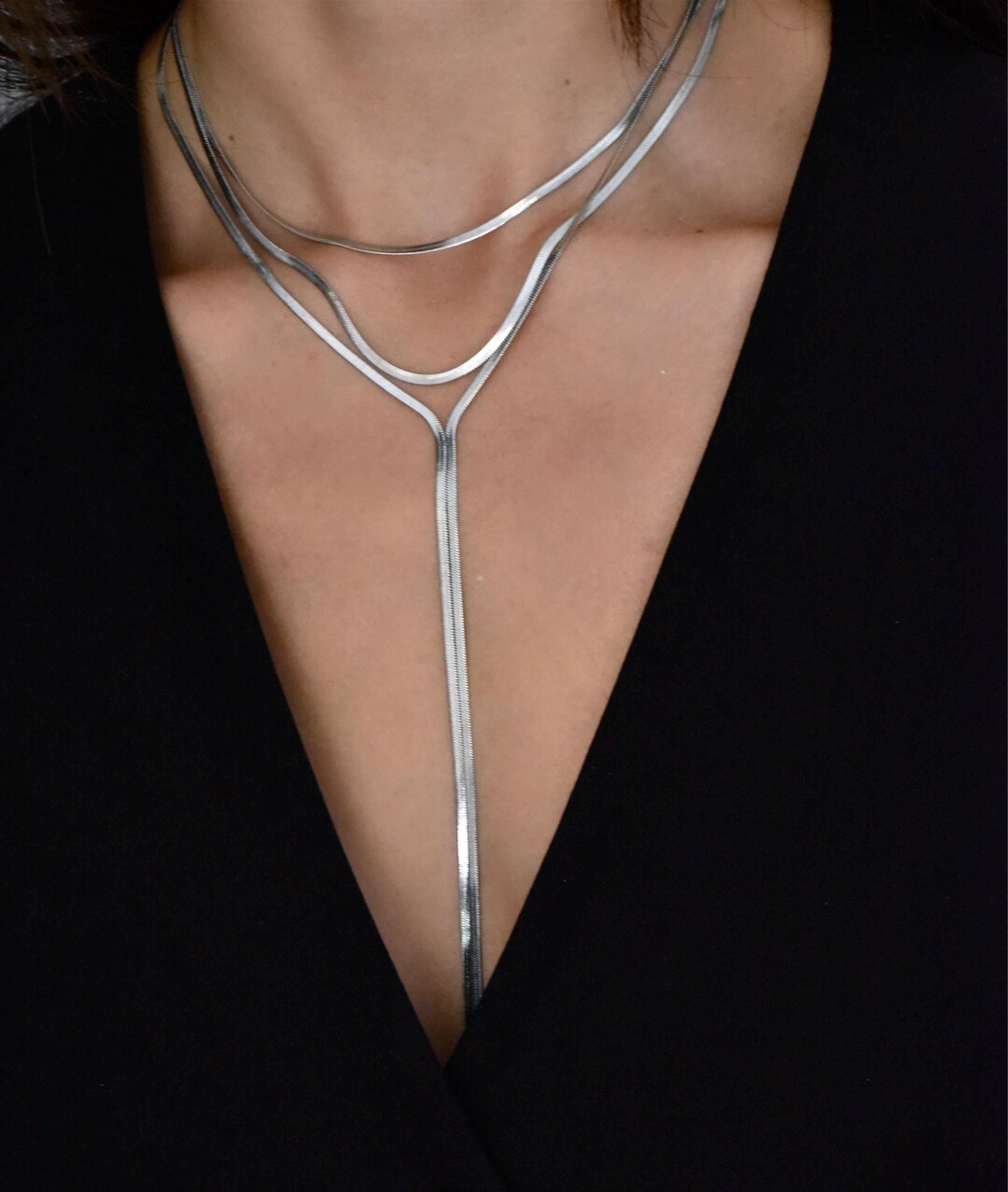 Triple Snake Chain Choker• Stainless Steel Y Shaped Layered Necklace ...