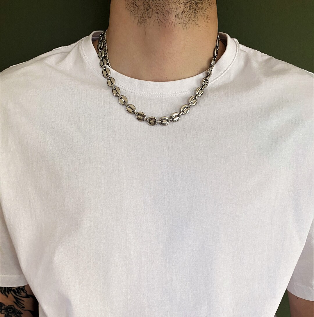Mens Chunky Coffee Bean Chain Necklace• Puffed Mariner Chain Necklace ...