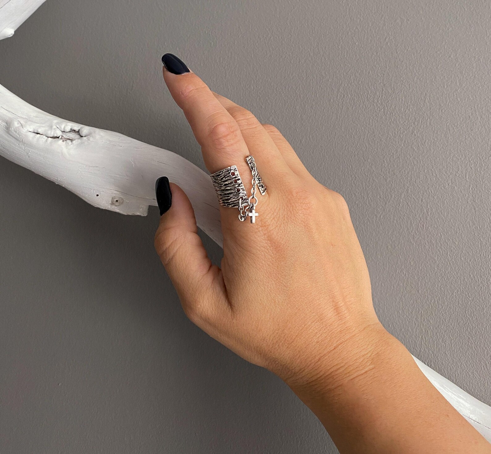 Engraved Silver Band Cross Ring• Adjustable Wide Cuff Ring• Open Cuff ...