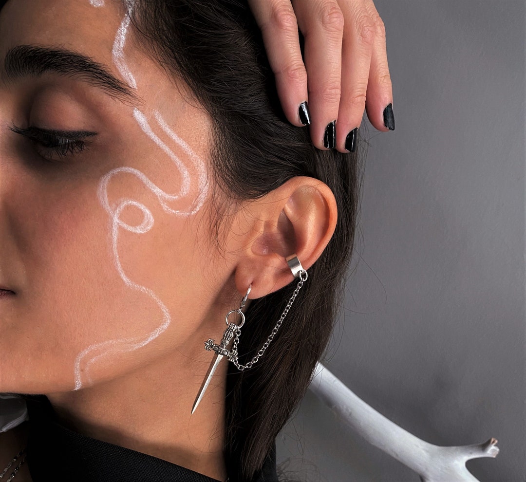 Silver Plated Sword Chain Drop Earring, Edgy Punk Rock Earring, Sharp ...