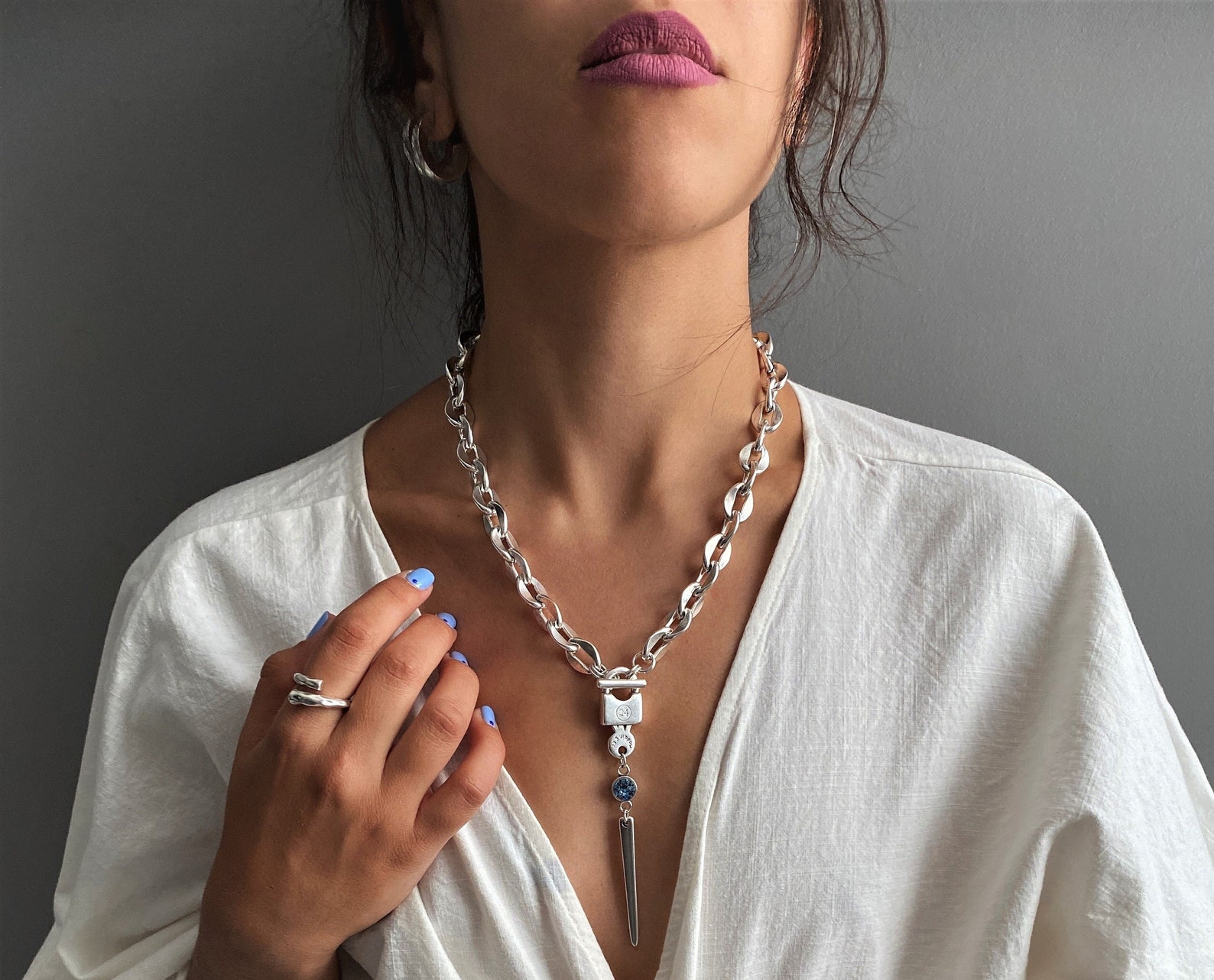 Massive Chain Sharp Padlock Swarovski Necklace, Antique Silver Lock and ...