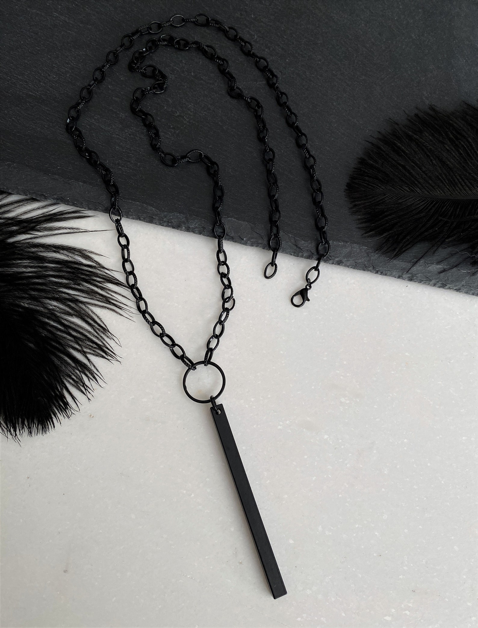 Womens Matte Black Bar and Chain Necklace Long Black Metal - Etsy