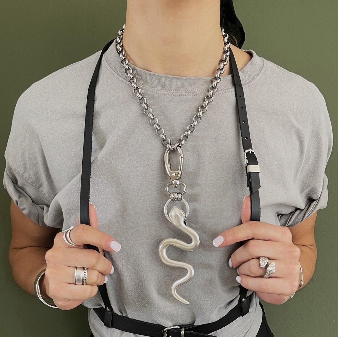 Rock Style Key Lock Chain Snake Pendant• Dark Silver Oversized Rolo ...