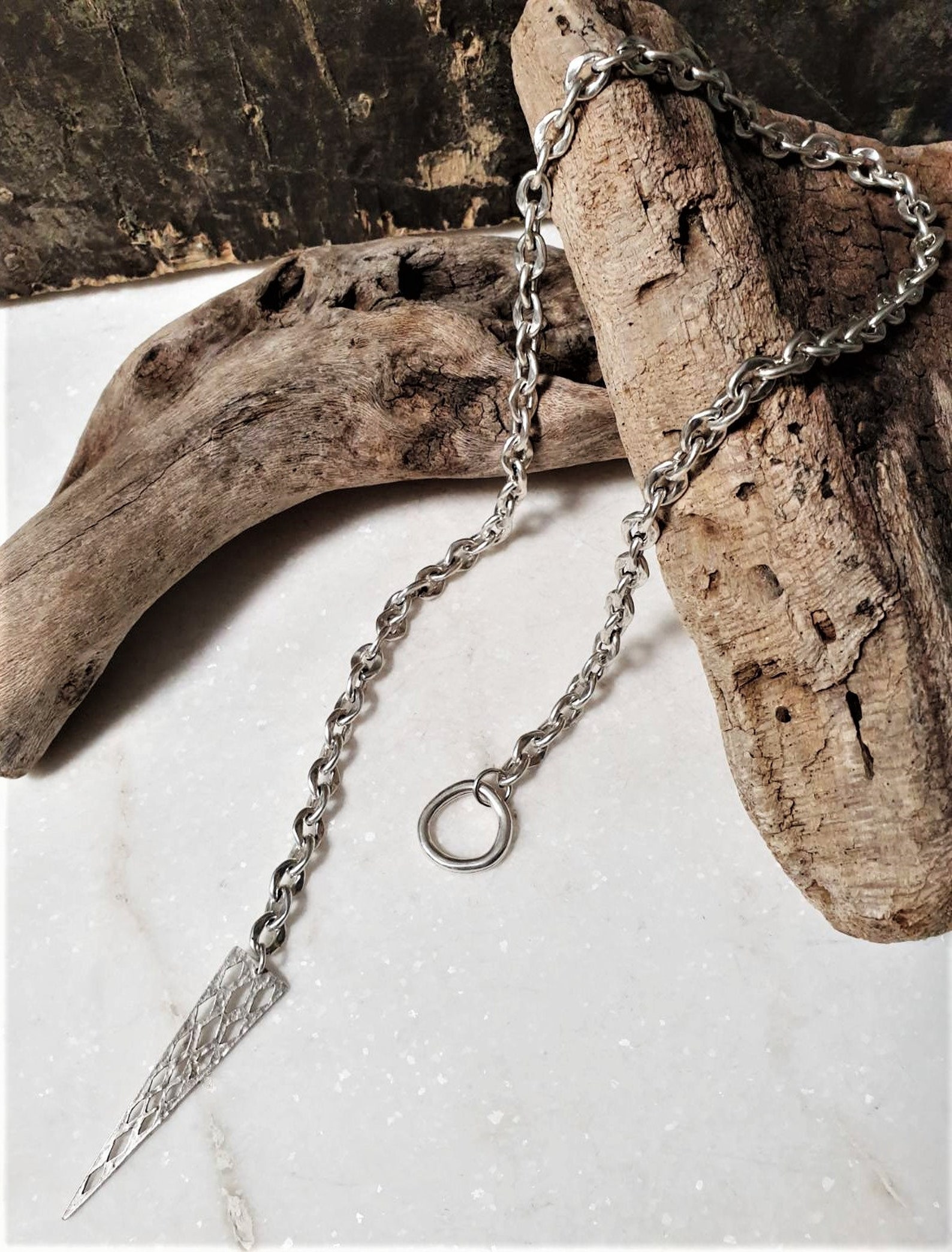 Antique Silver Chain Lariat Necklace Bold Chain Sharp | Etsy