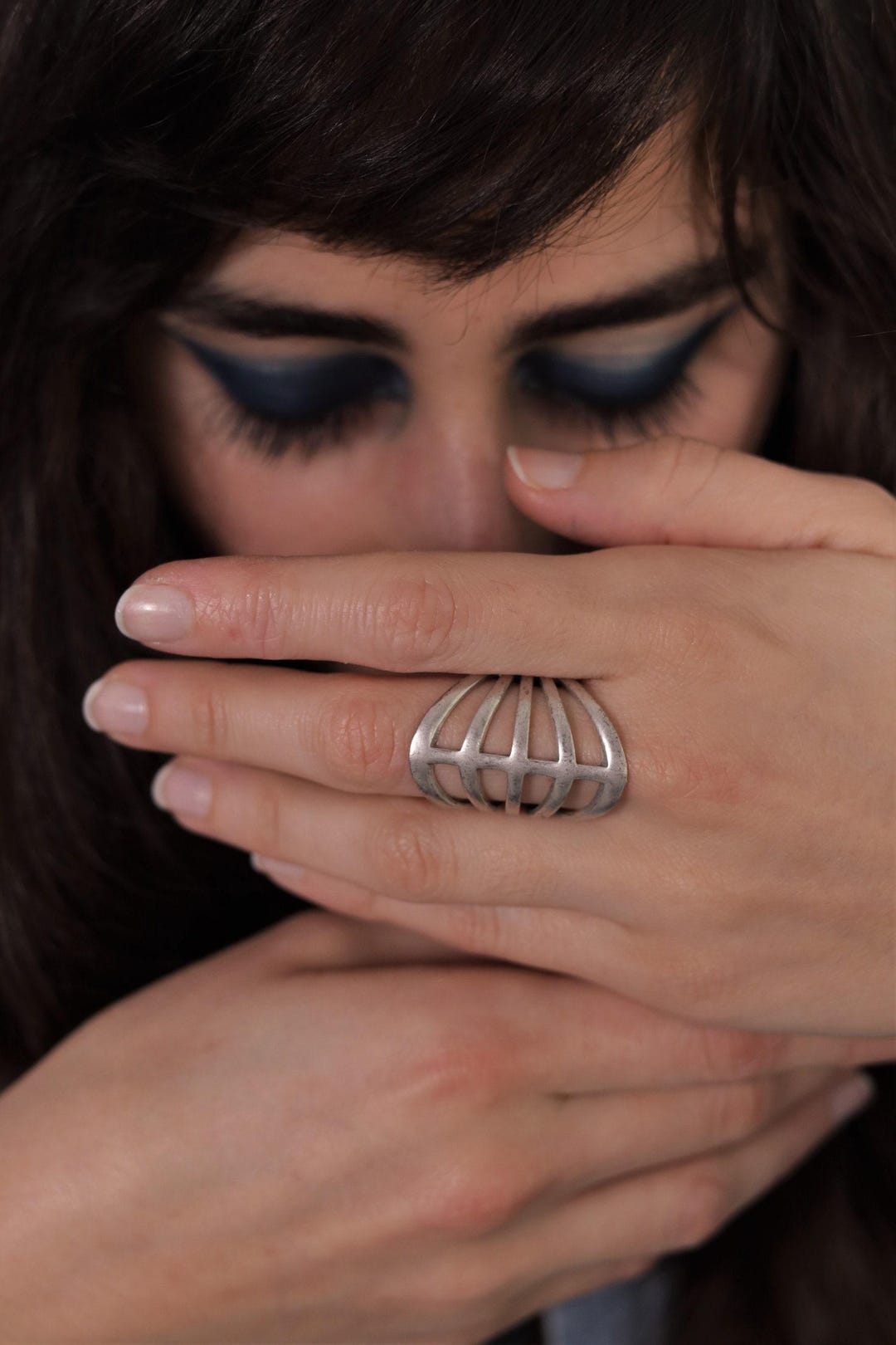 Dark Silver Multi Lines Open Ring• Long Rhombus Midi Linear Ring ...
