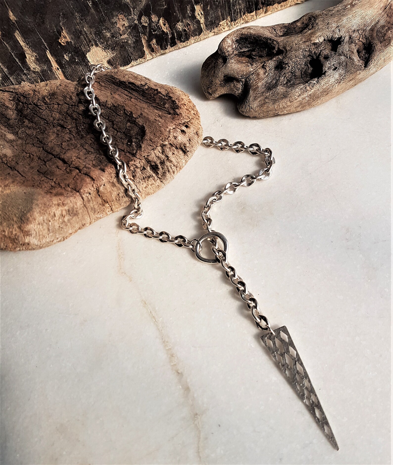 Antique Silver Chain Lariat Necklace Bold Chain Sharp | Etsy