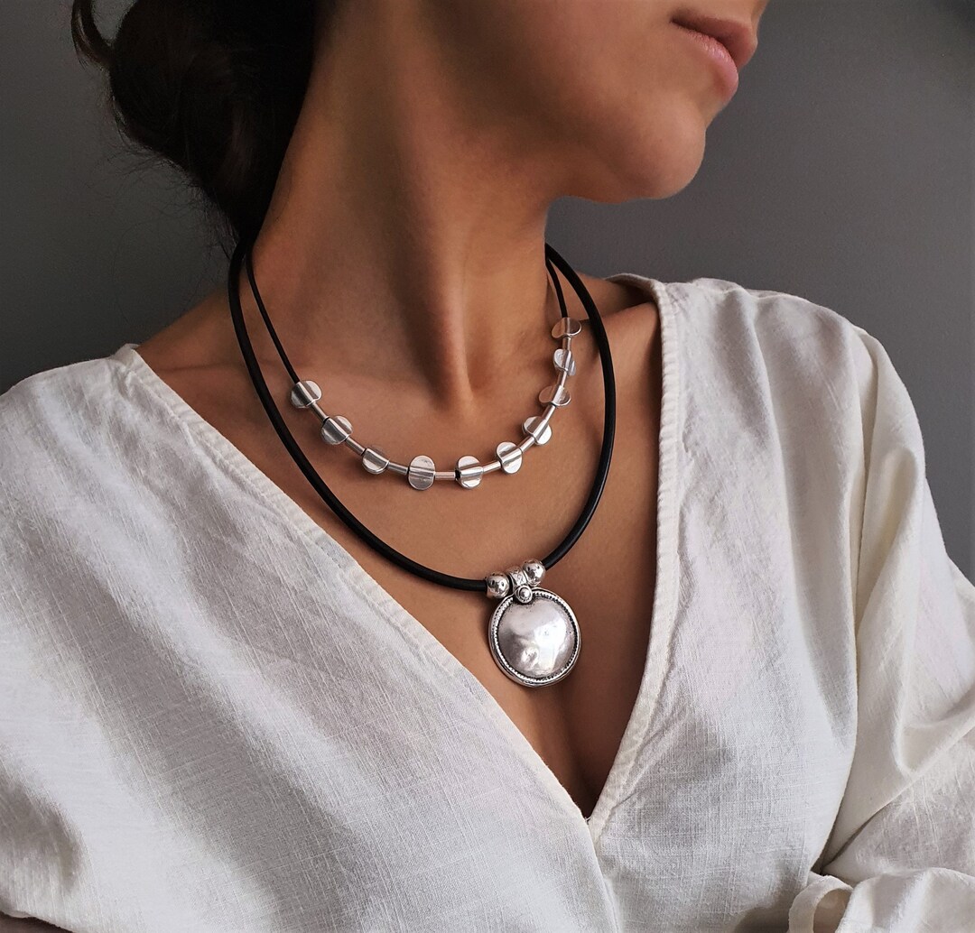 Leather Layering Necklace, Womens Leather Statement Pendant, Silver ...