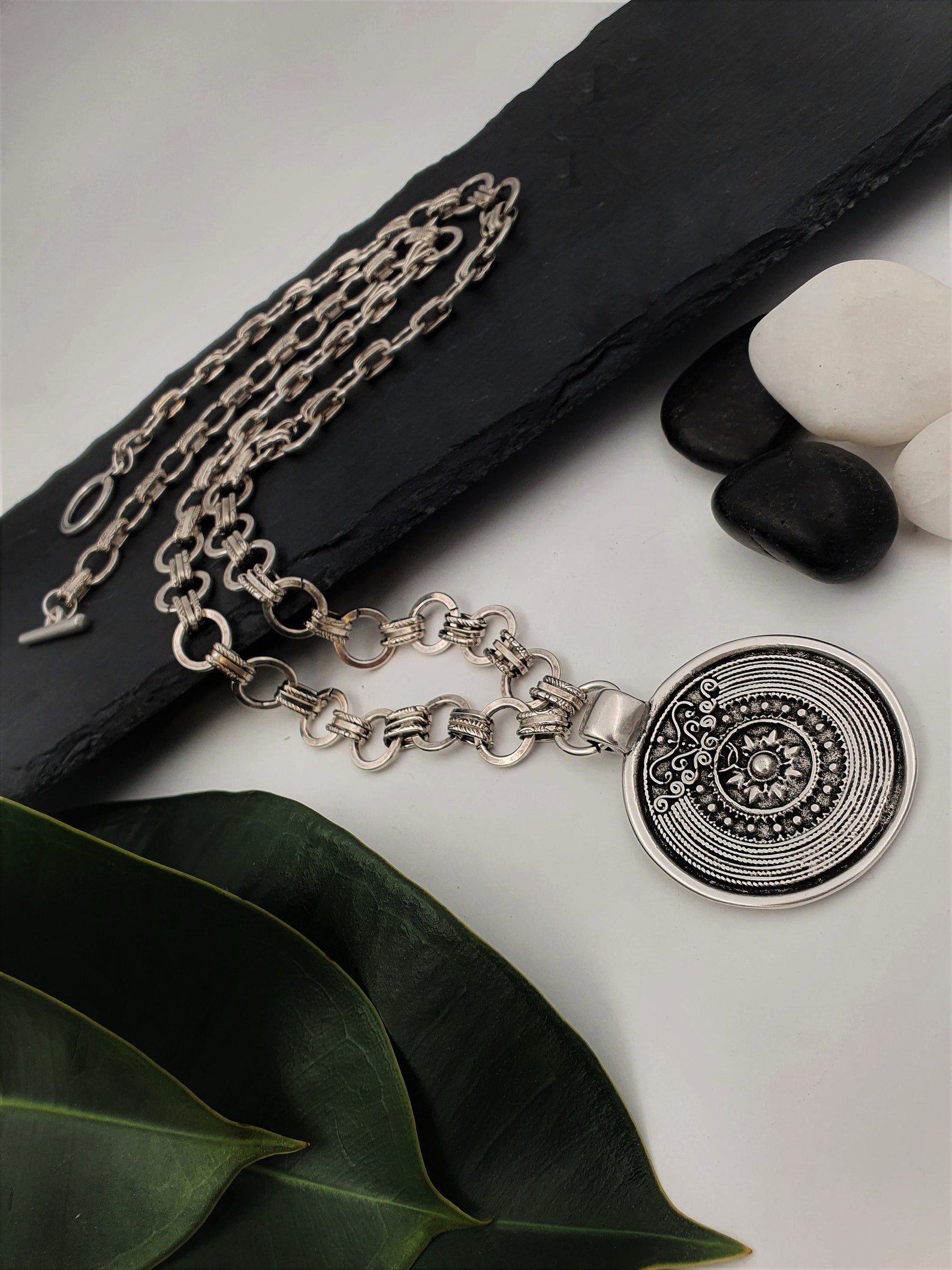 Long Statement Bold Chain Pendant Antique Silver Disk - Etsy