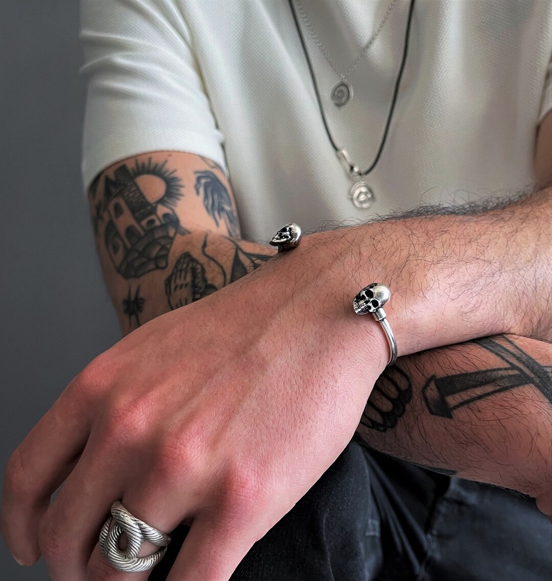 Skull Heads Open Cuff Bracelet• Antique Silver Double Skulls Cuff ...
