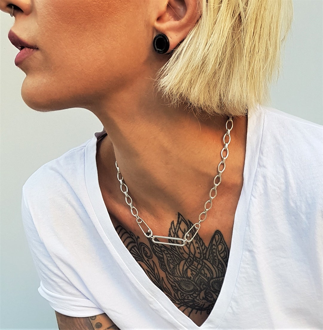 Safety Pin Silver Chain Necklace, Punk Rock Style Safety Pins Choker ...