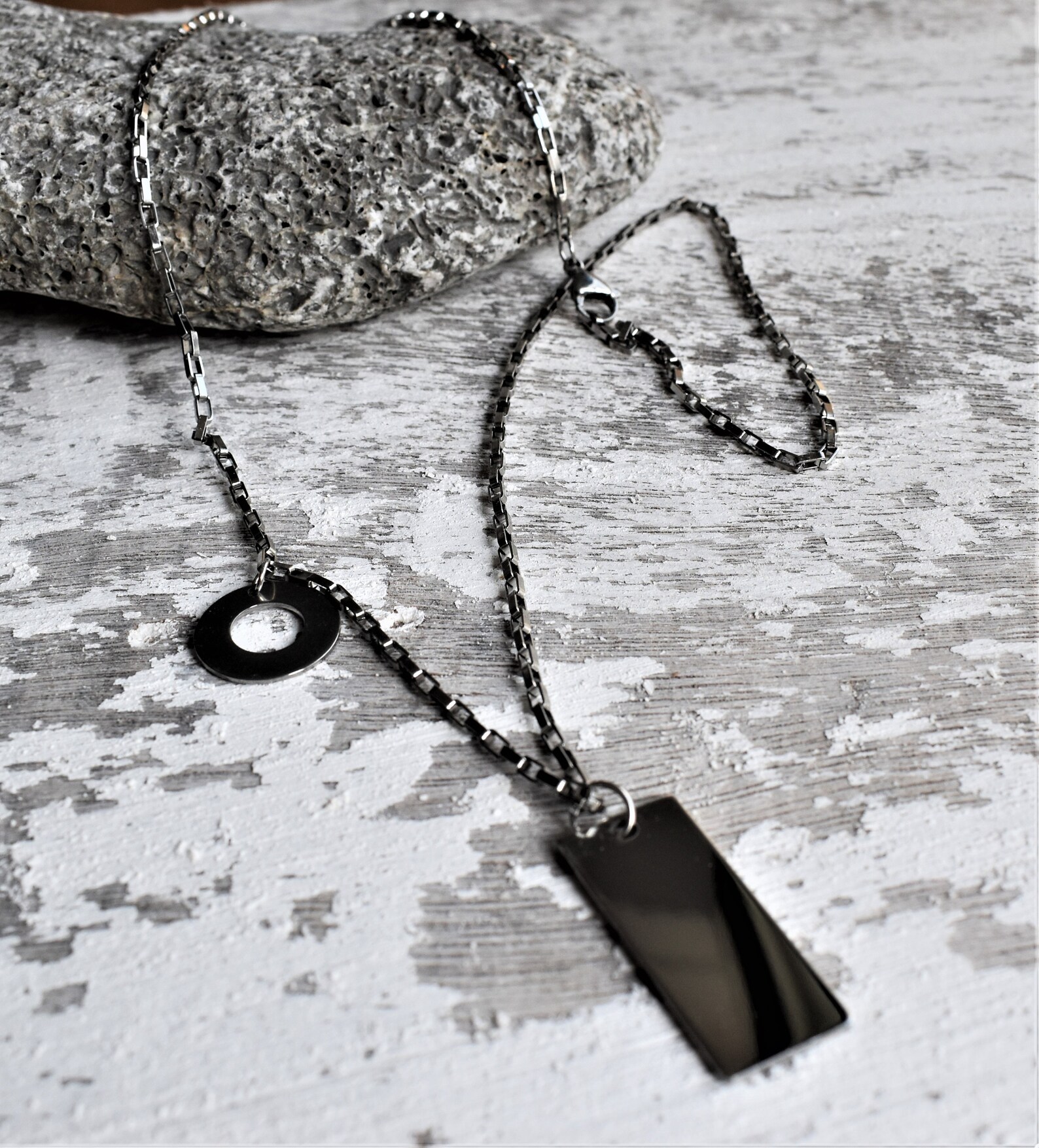 Mens Silver Square Link Chain Dog Tag Pendant Geometric | Etsy