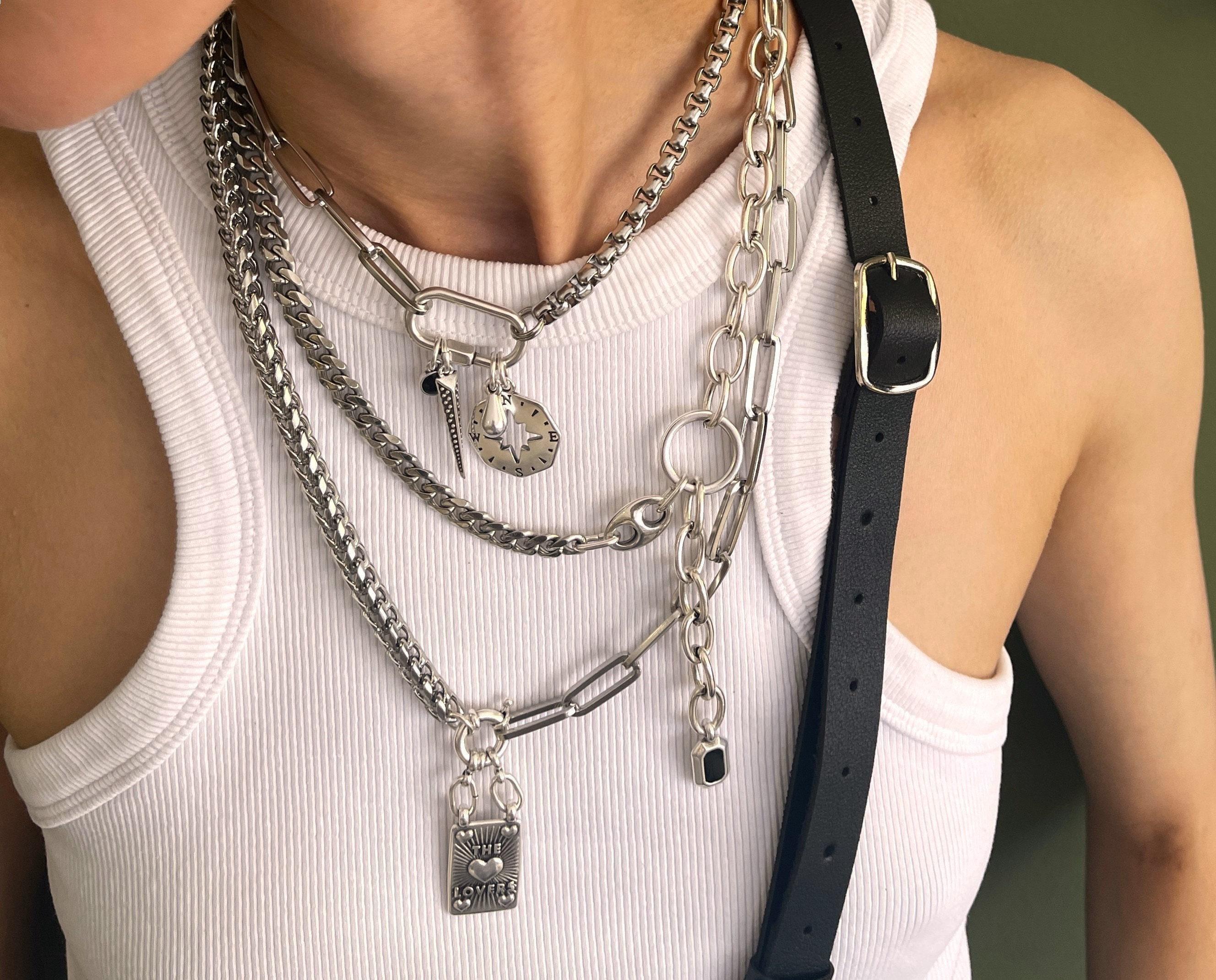 Silver Multilayered Charm Necklaces• Thick Stainless Steel Chains ...