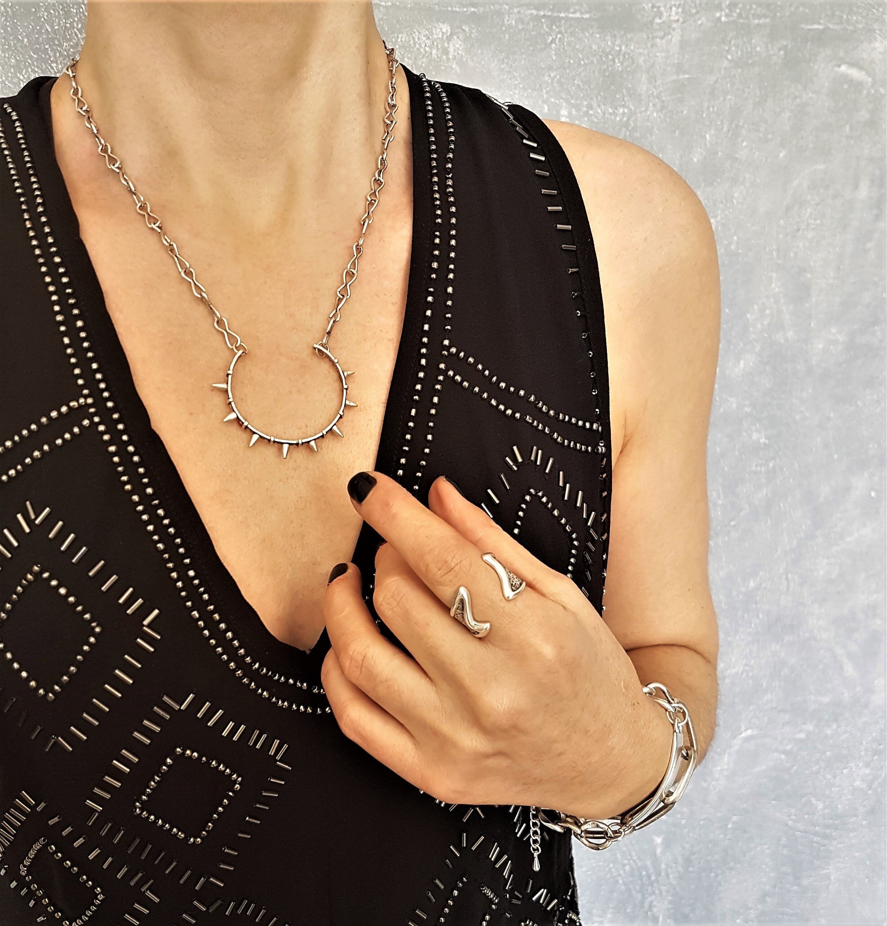 Womens silver spiked crescent moon chain necklace unique punk | Etsy