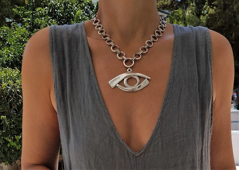 Silver large evil eye protection necklace silver chunky chain | Etsy
