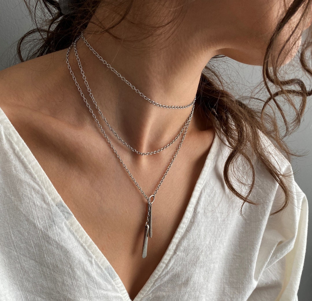 Womens Layering Chain Choker Silver Lariat Hammered Bars - Etsy