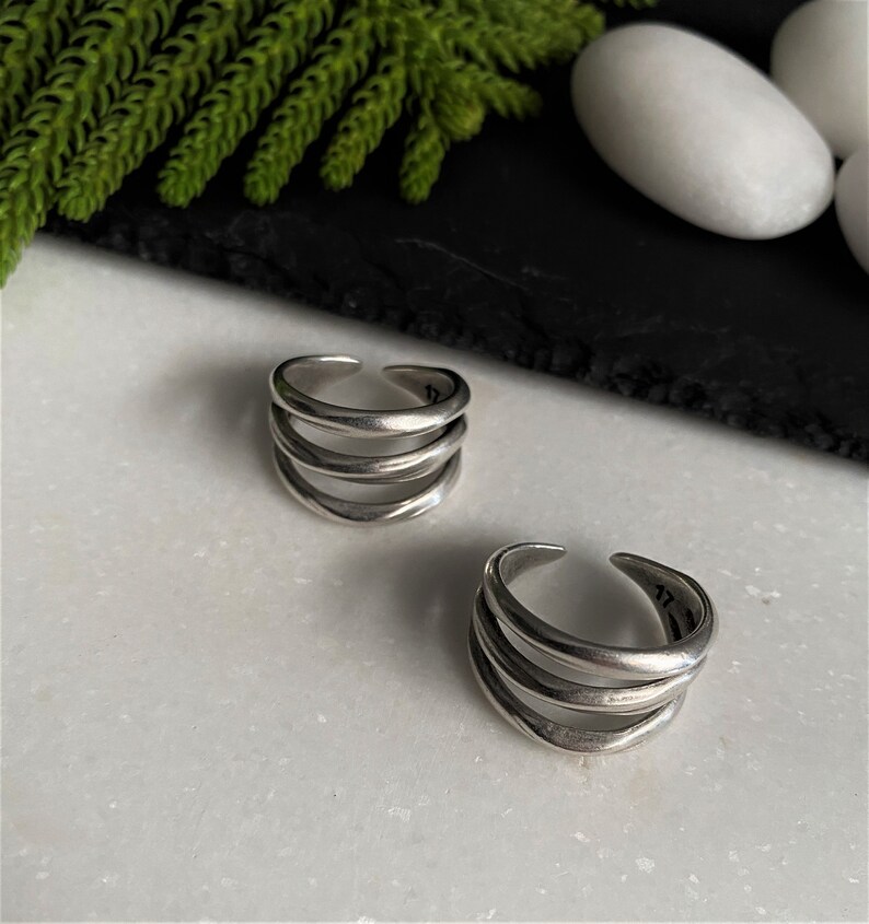 Silver Three Parallel Lines Ringcontemporary Triple Bar Open - Etsy
