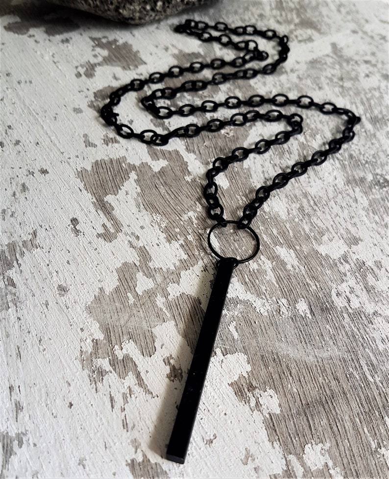 Womens matte black bar and chain necklace long black metal | Etsy