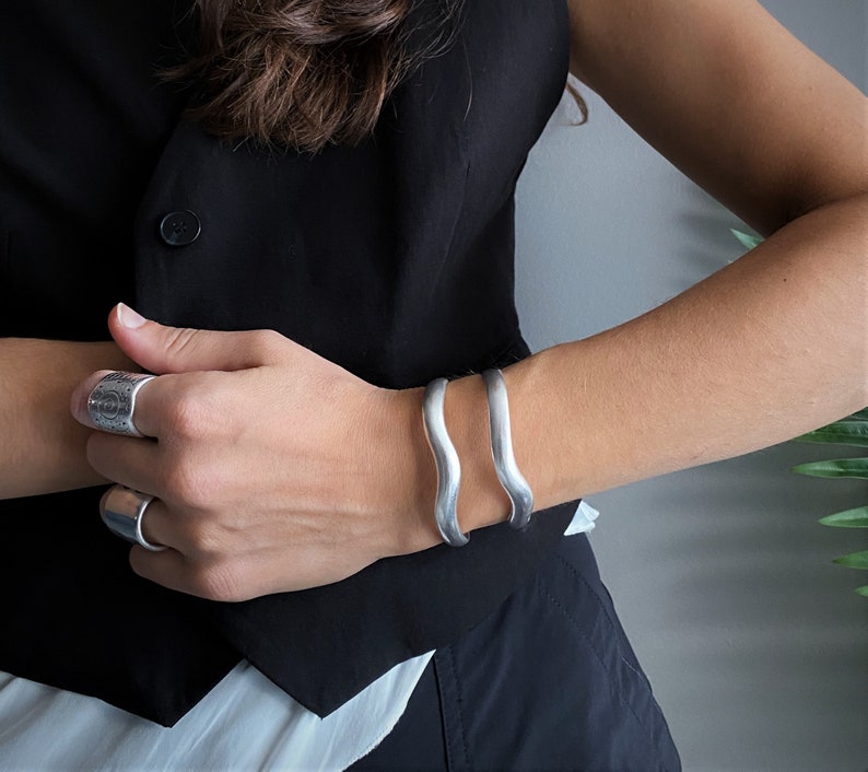 Wavy Antique Silver Open Cuff Bracelet Sturdy Silver Abstract - Etsy