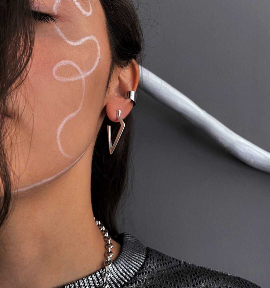 Open Rhombus Hoop Earrings, Diamond Antique Silver Earrings, Sharp ...