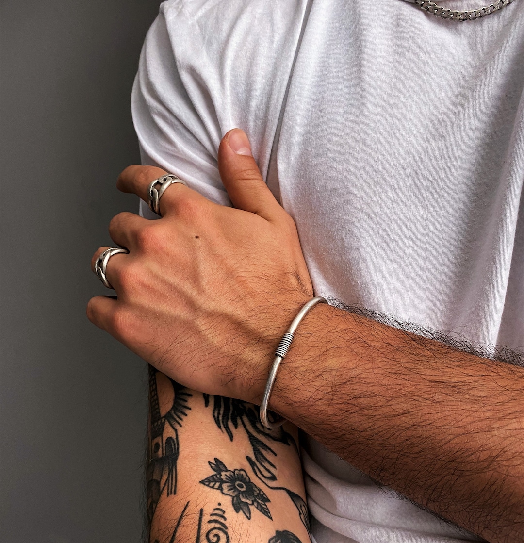 Antique Silver Spring Bracelet Cuff• Mens Adjustable Solid Everyday ...