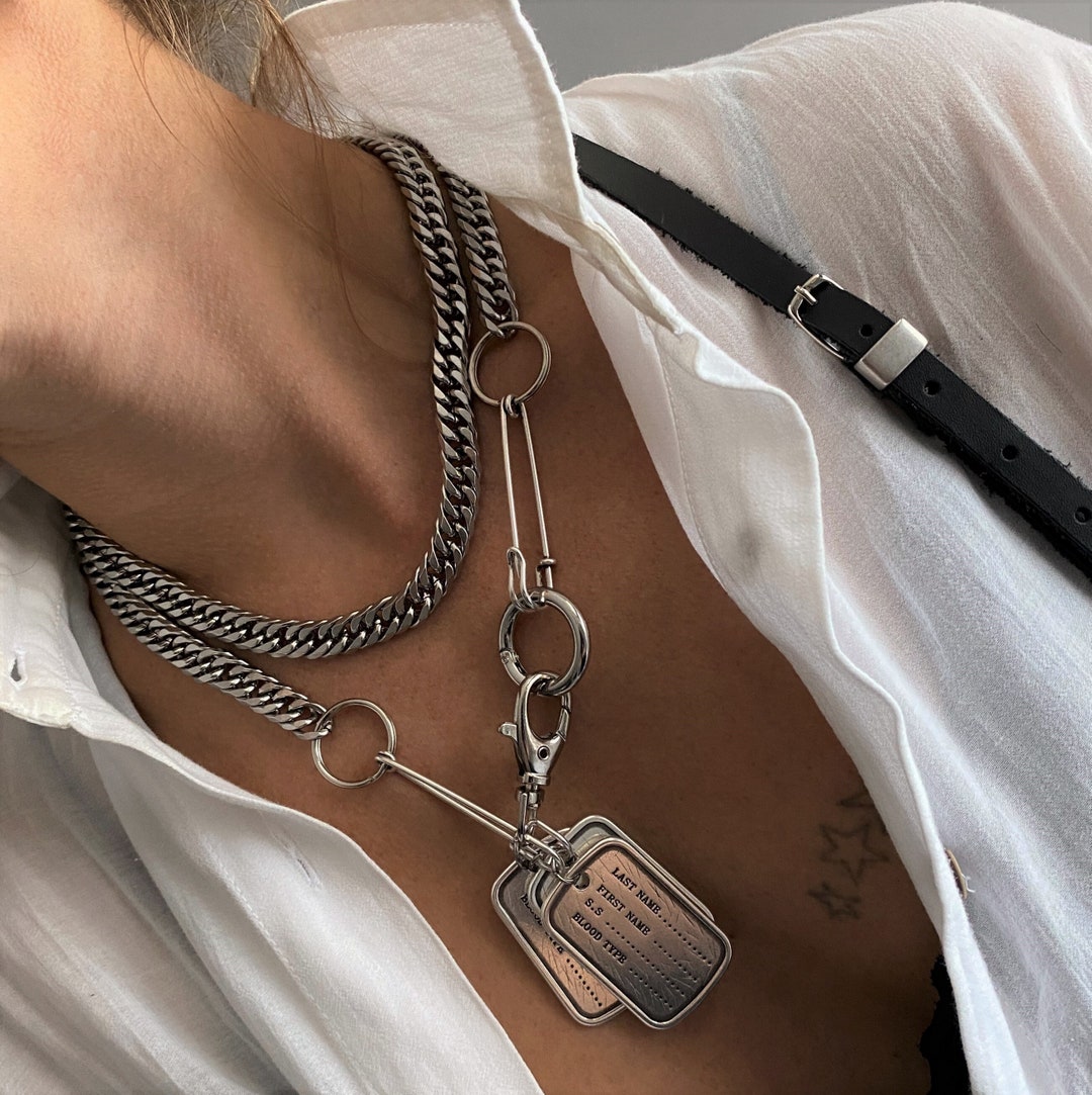 Double Cuban Link Chains Id Tags Safety Pin Necklace• Statement Chunky ...