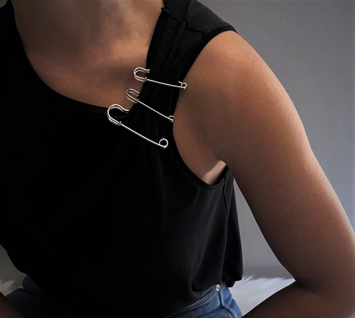 Chunky mixed chains safety pin necklace silver safety pin | Etsy