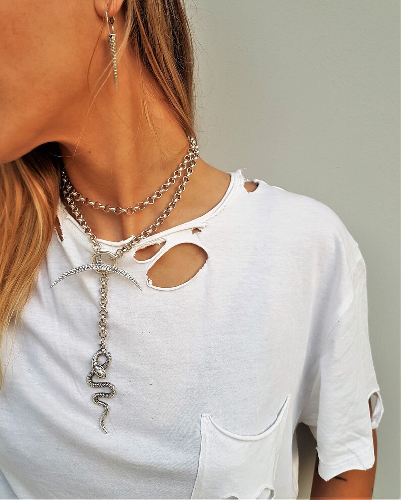 Silver Chunky Chain Lariat Snake Necklace Unique Double | Etsy