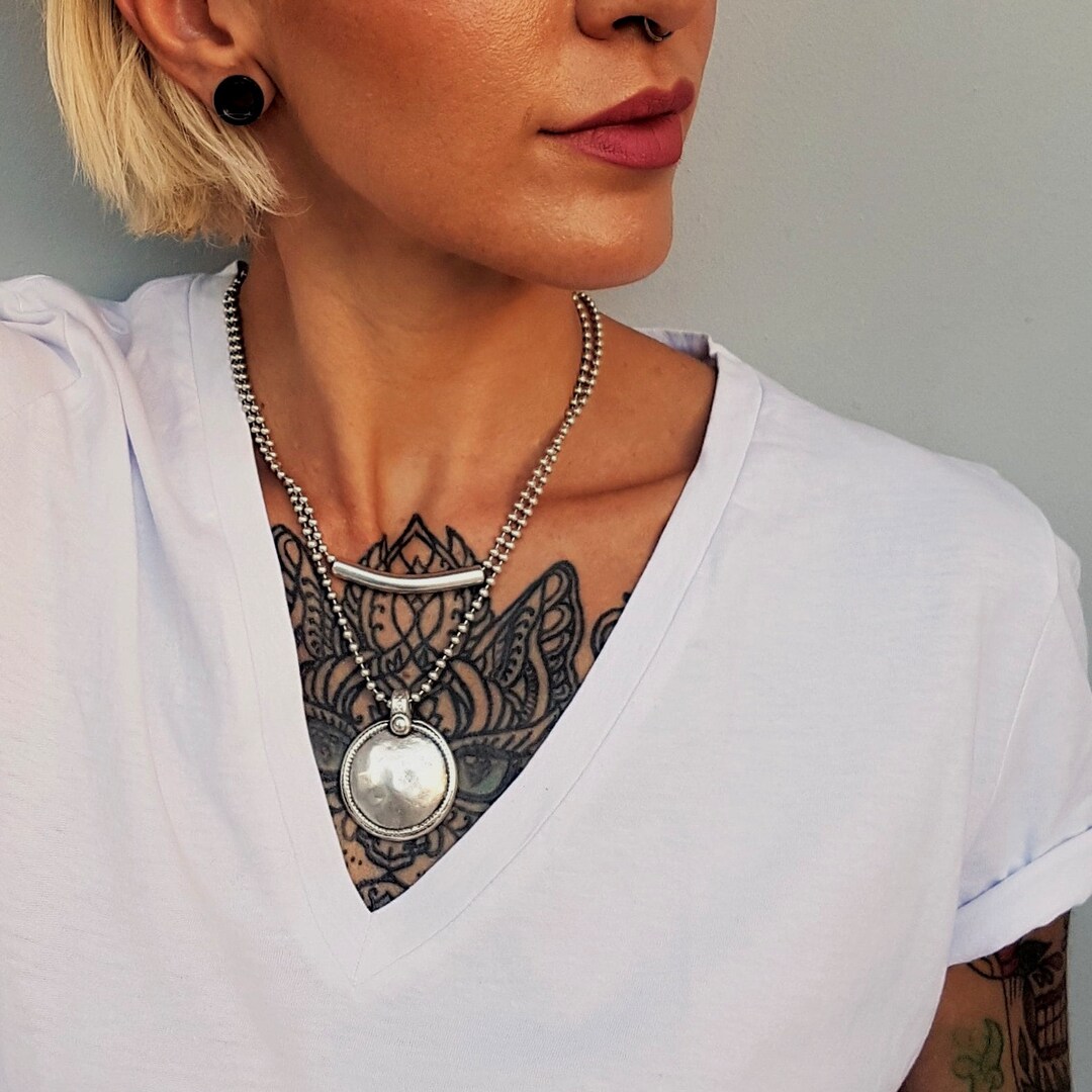 Set of Two Silver Layering Chain Necklaces, Chunky Tube Chain Choker ...