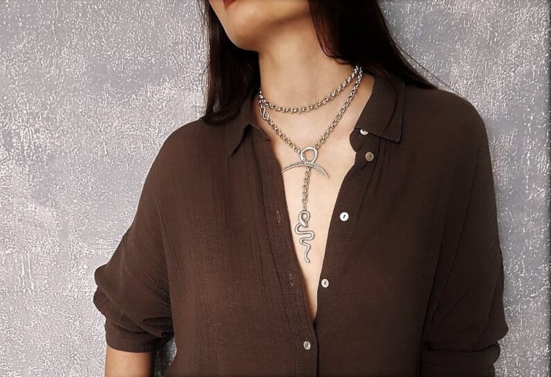 Silver Chunky Chain Lariat Snake Necklace Unique Double | Etsy
