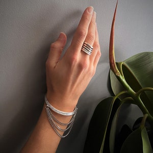 Antique Silver Lines Wavy Ring, Vintage Style Adjustable Wide Ring, Oxidized Curved Open Ring ...