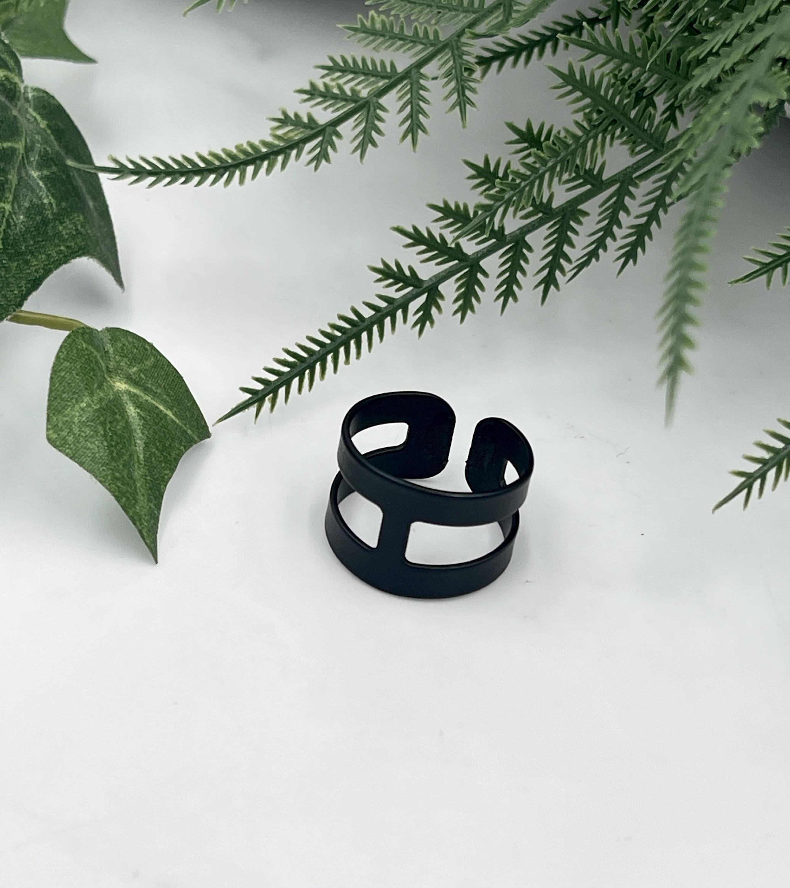 Womens Matte Black Double Line Minimal Ring, Jet Black Stacking Ring ...