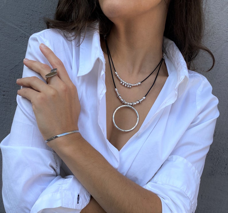 Womens O Ring Layered Leather Strands Necklace Short Beaded - Etsy