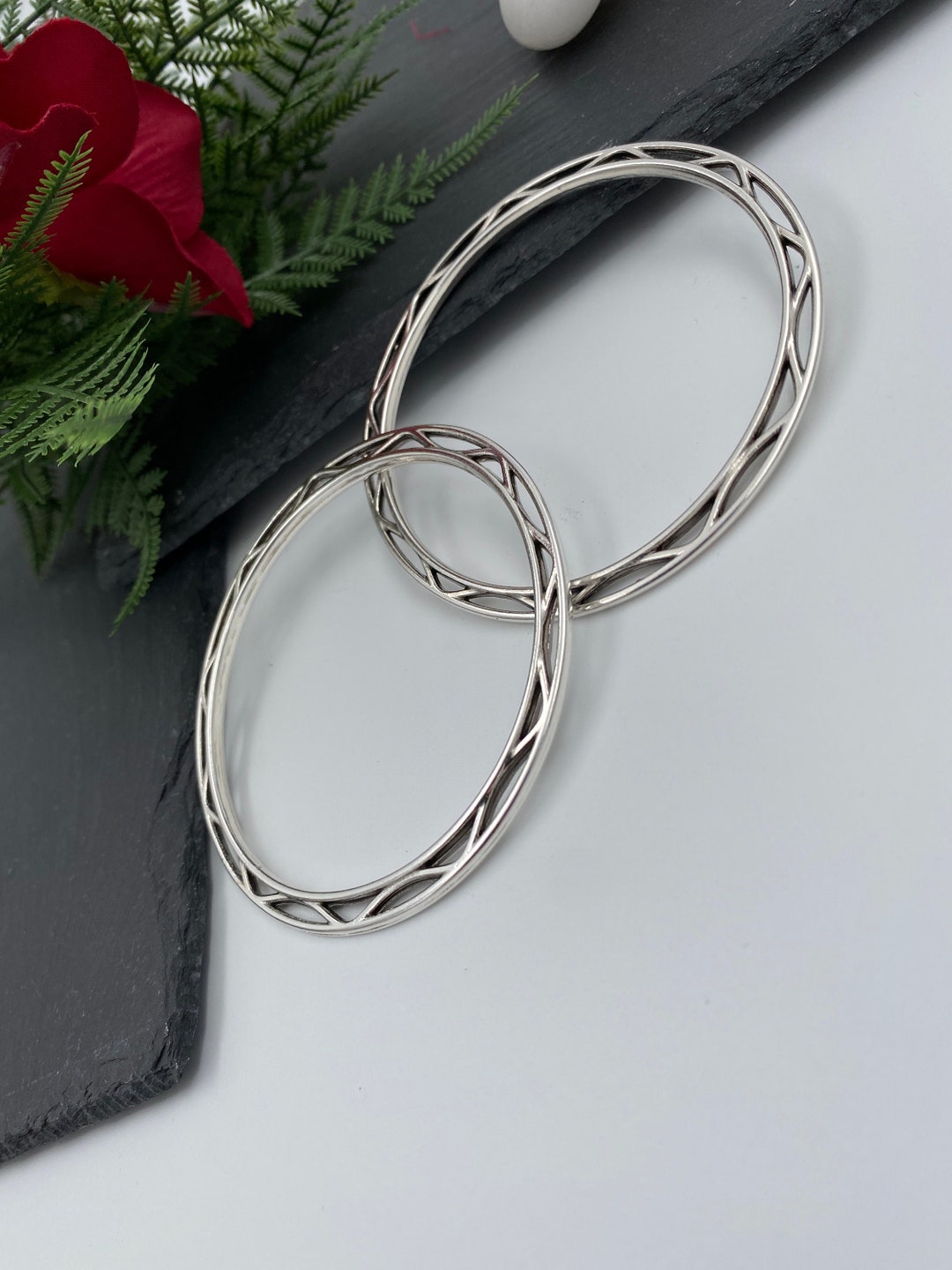 Stacking Silver Engraved Perforated Wavy Bracelet• Delicate Hollow ...