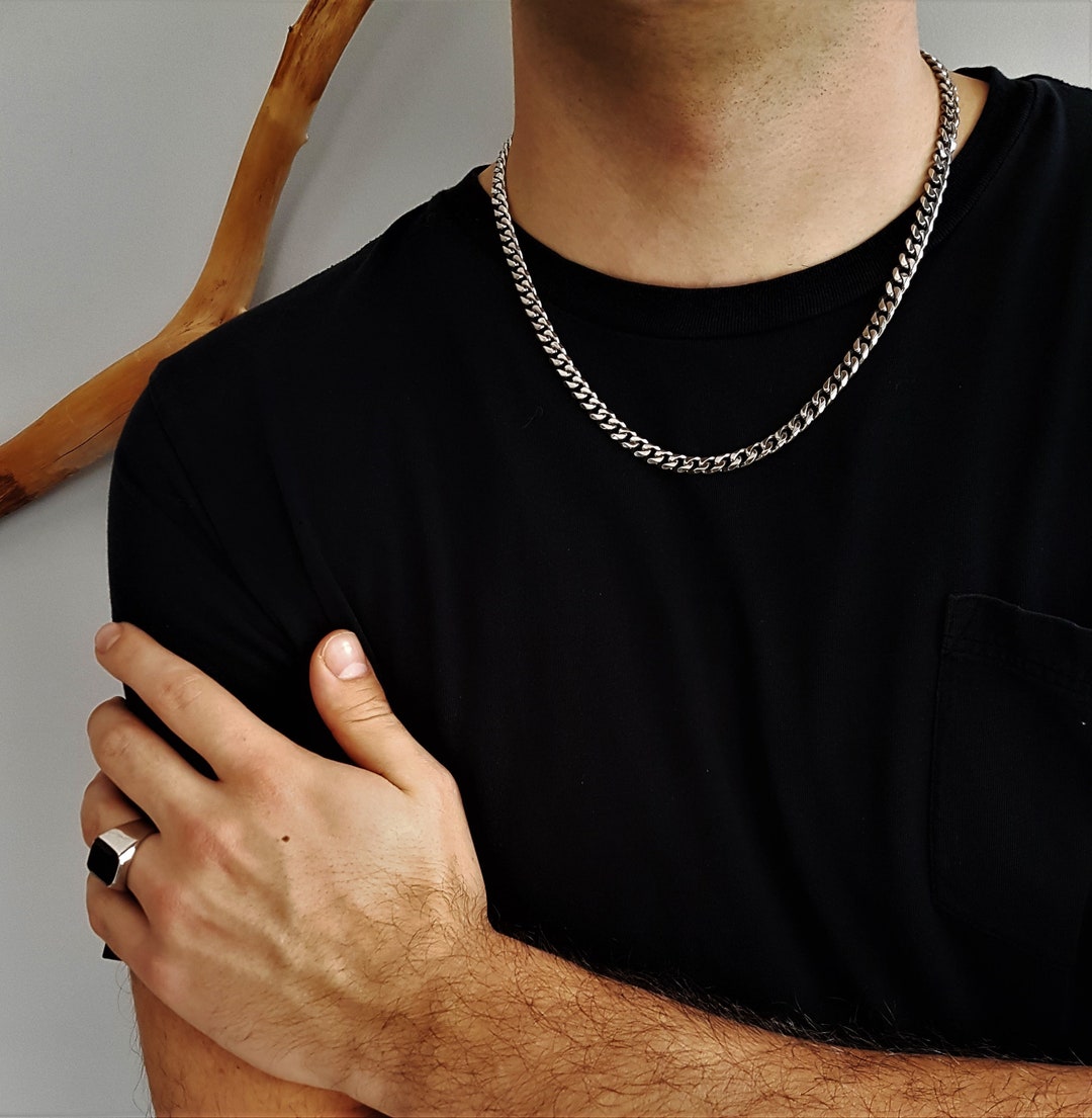 Mens Dark Silver Stainless Steel Cuban Link Chain Necklace, Sturdy Curb ...