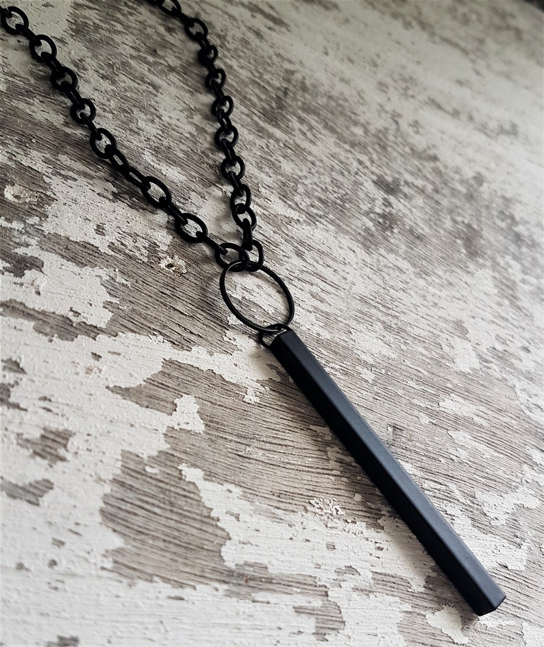 Womens matte black bar and chain necklace long black metal | Etsy