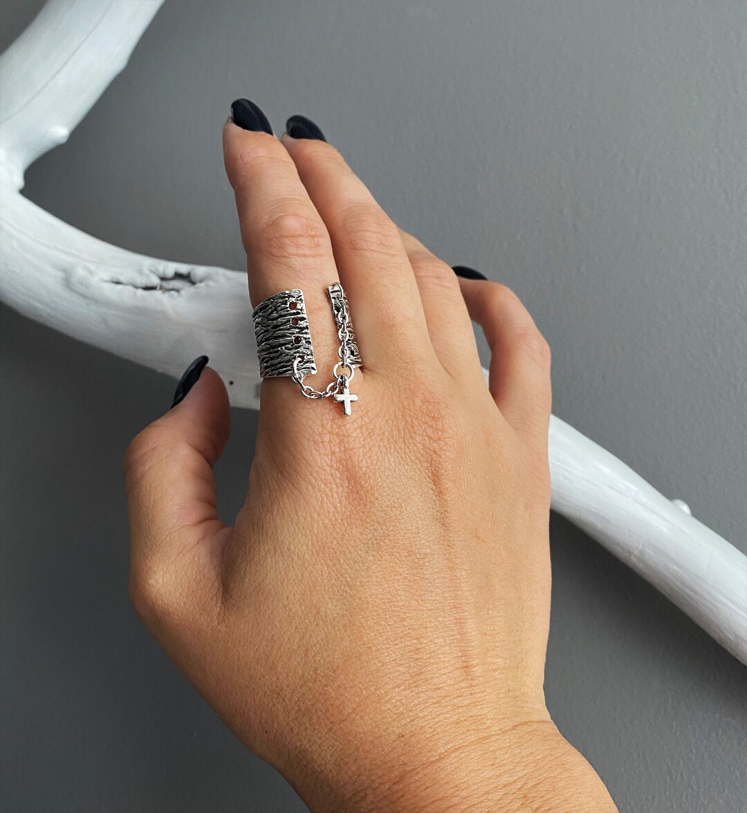 Engraved Silver Band Cross Ring• Adjustable Wide Cuff Ring• Open Cuff ...