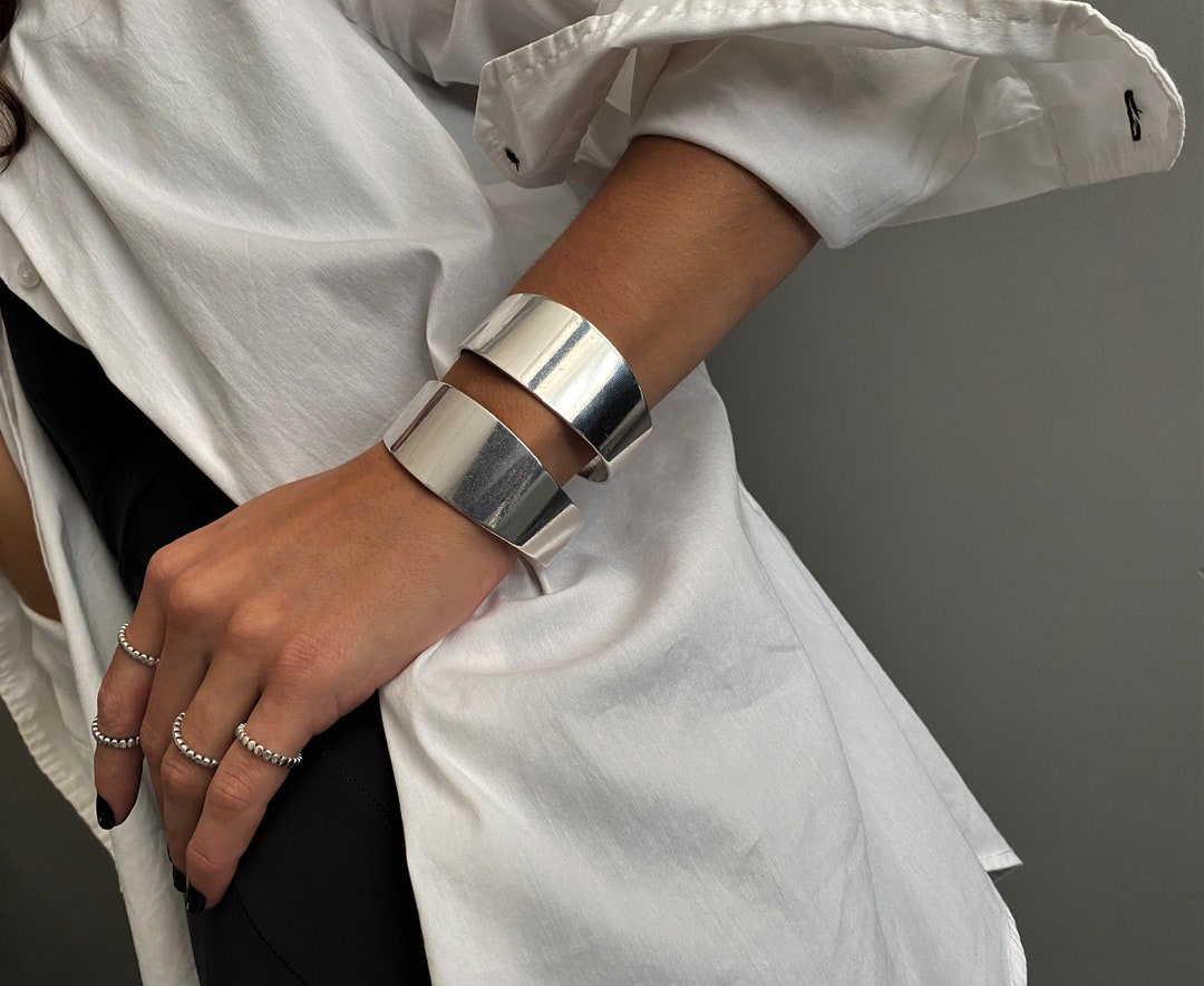 Wide Vintage Shiny Silver Open Cuff, Chunky Adjustable Bracelet ...