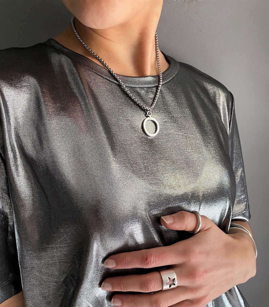 O Ring Silver Box Chain Necklace• Stainless Steel Chain Circle Pendant ...