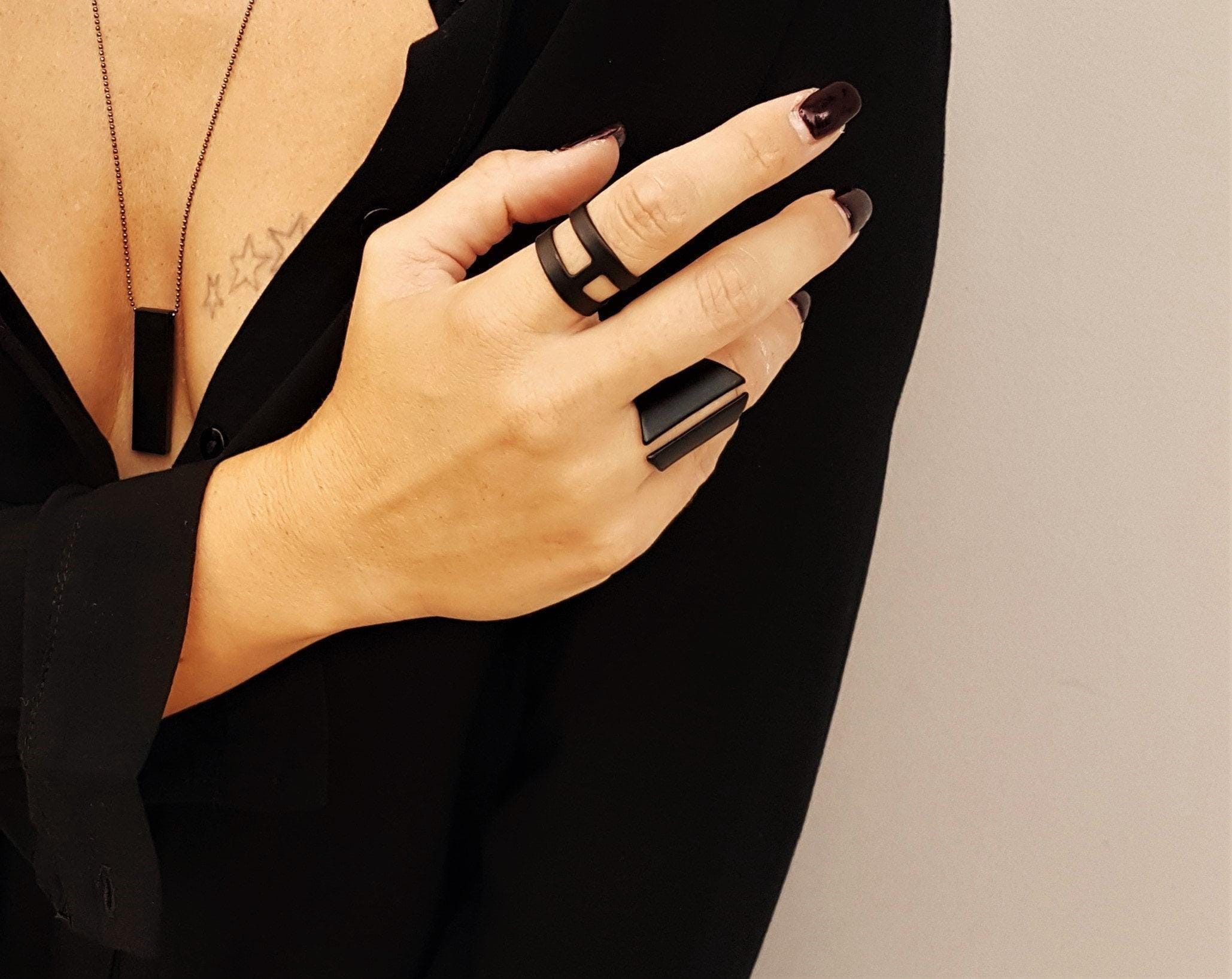 Womens Matte Black Double Line Minimal Ring, Jet Black Stacking Ring ...