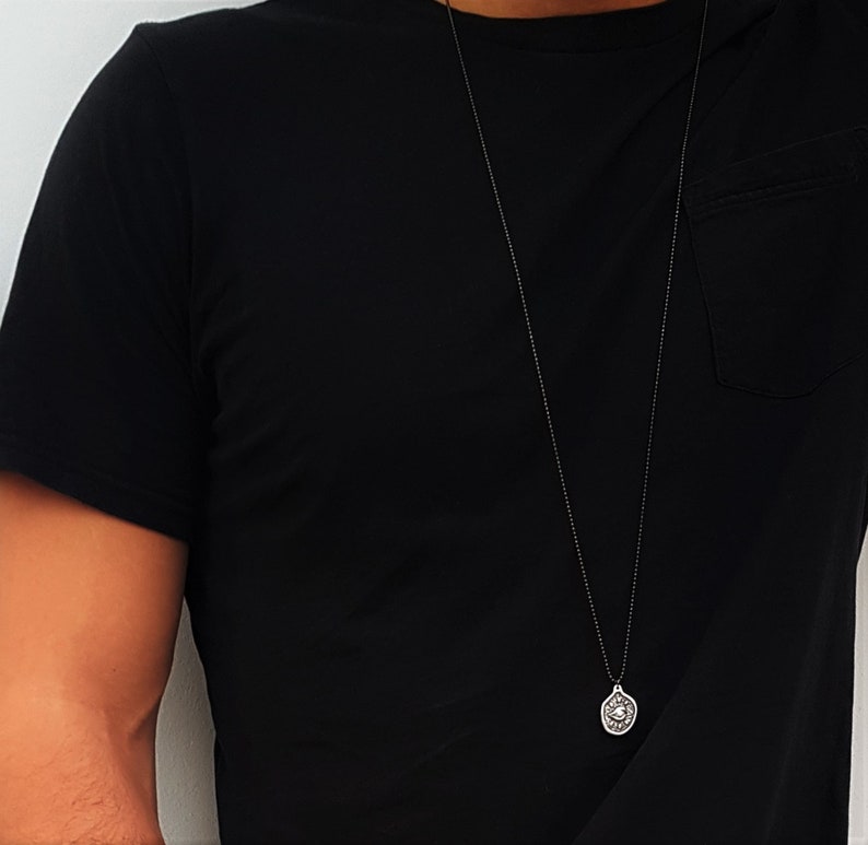 Mens evil eye protection charm pendant minimal antique silver | Etsy