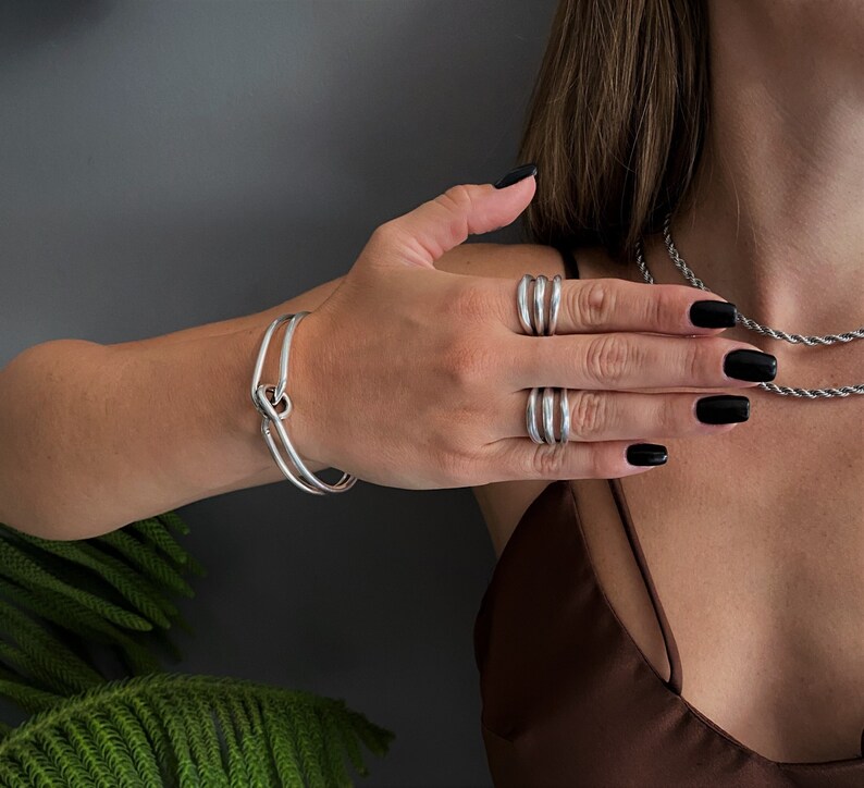 Silver Three Parallel Lines Ringcontemporary Triple Bar Open - Etsy